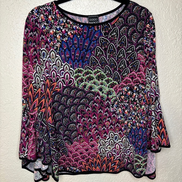 Coco Bianco | Tops | Coco Bianco Blue Red Retro Floral Bell Sleeve ...